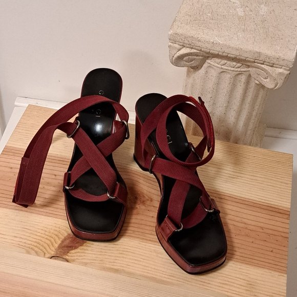 Gucci | Shoes | Gucci Wine Velcro Strap Wedge Size Misses 8 | Poshmark